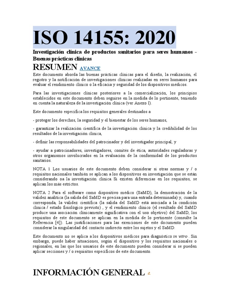ISO 14155 - 2020. Investigación Clínica de Productos Sanitarios para Seres Humanos - Buenas ...
