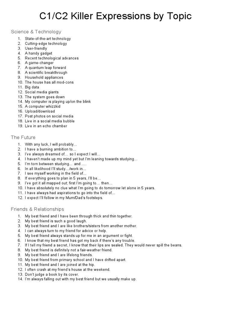 C1/C2 Killer Expressions by Topic: Science & Technology | PDF ...