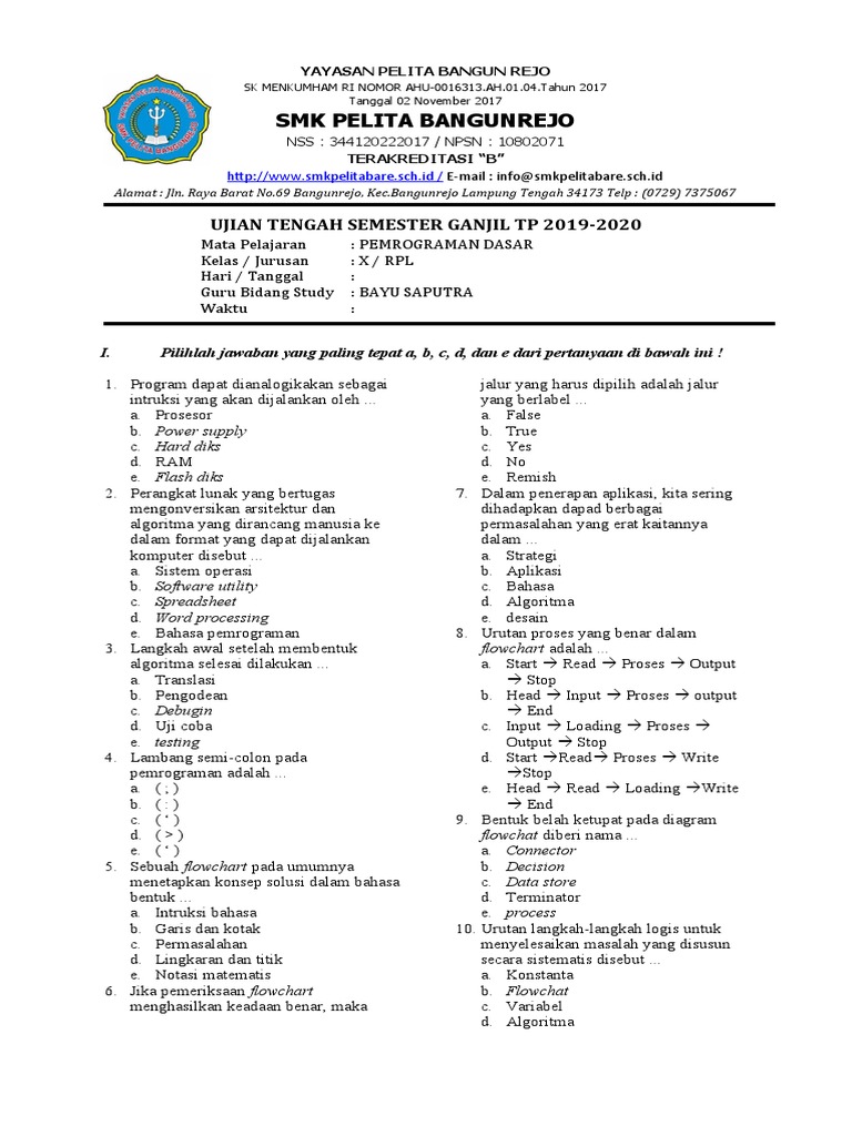 Uts Kelas Xi Pemrograman Dasar | PDF