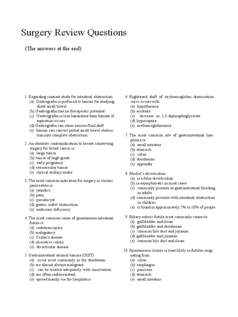 Surgery Review Questions | PDF | Gastrointestinal Tract | Small Intestine