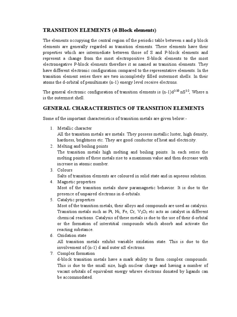 TRANSITION ELEMENTS (D-Block Elements) | PDF | Transition Metals | Iron