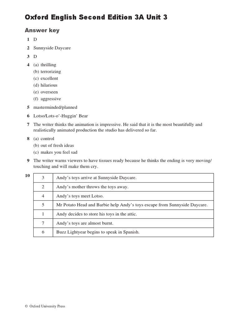 Oxford English Second Edition 3A Unit 3: Answer Key | PDF