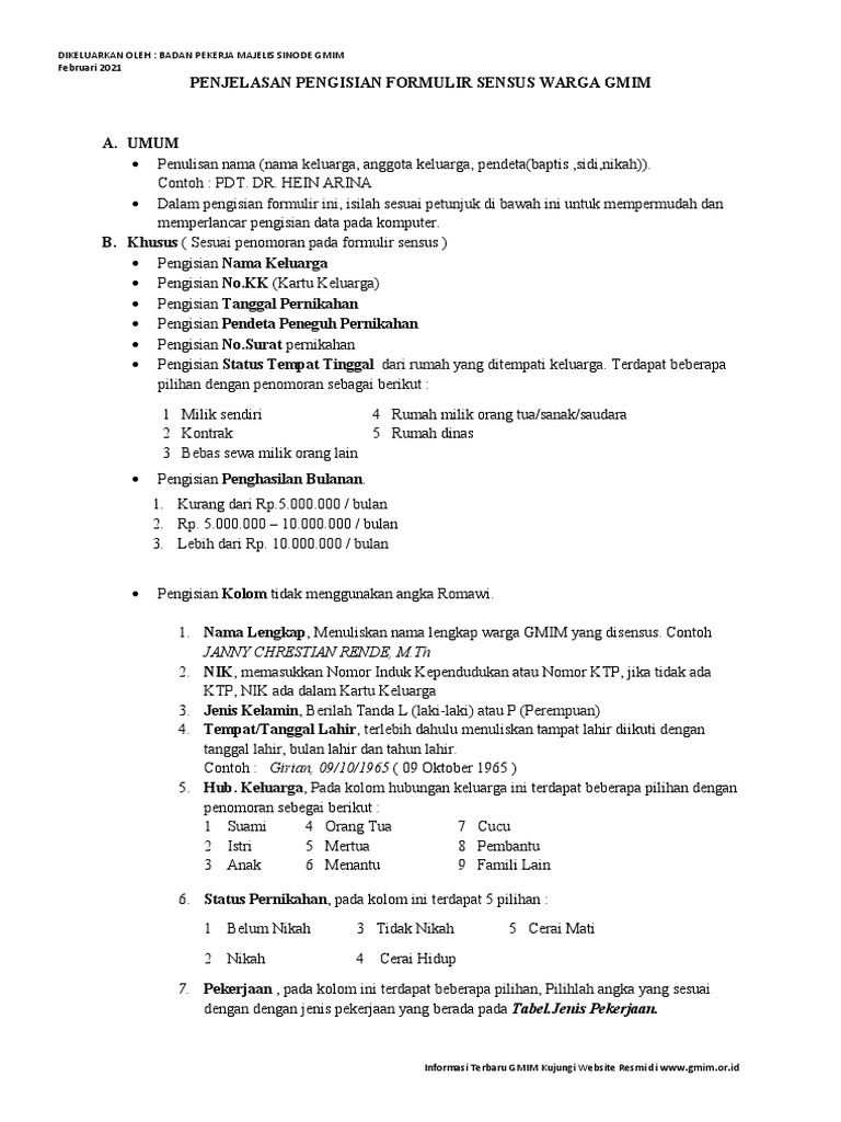 Penjelasan Pengisian Formulir Sensus Warga Gmim: Janny Chrestian Rende, M.TH | PDF
