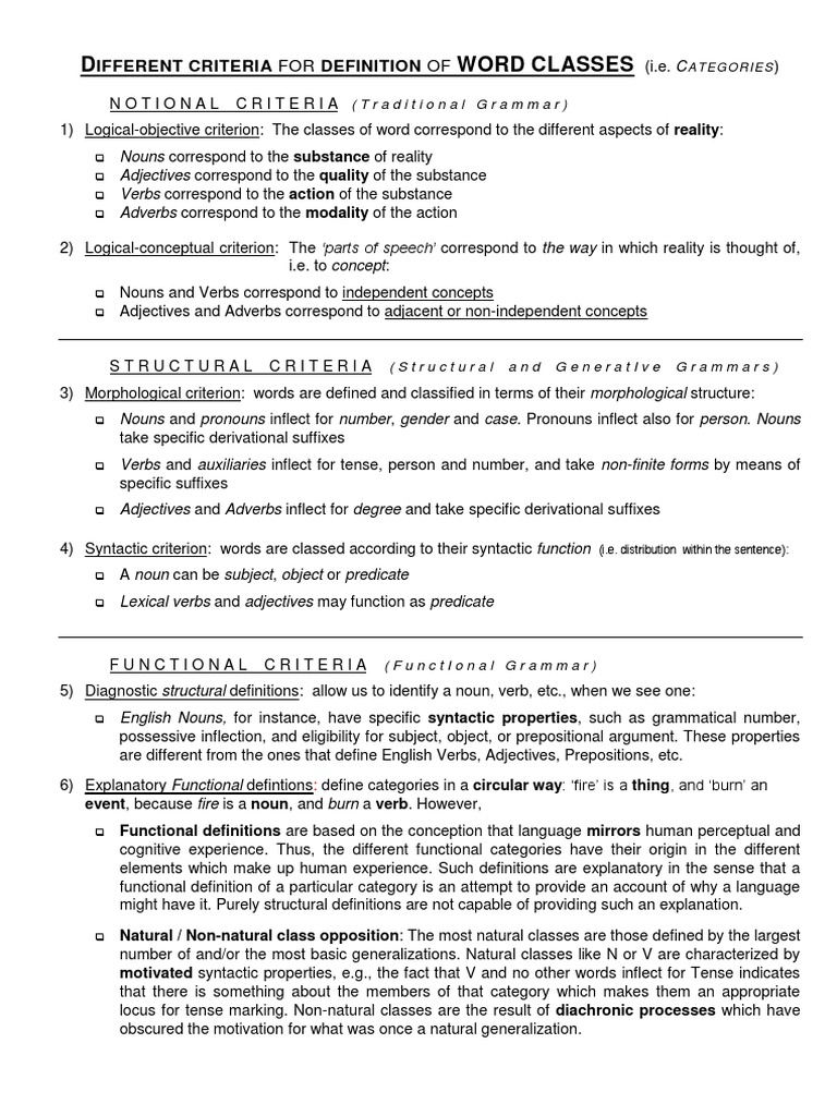 CRITERIA FOR WORD CLASSES | PDF | Part Of Speech | Noun