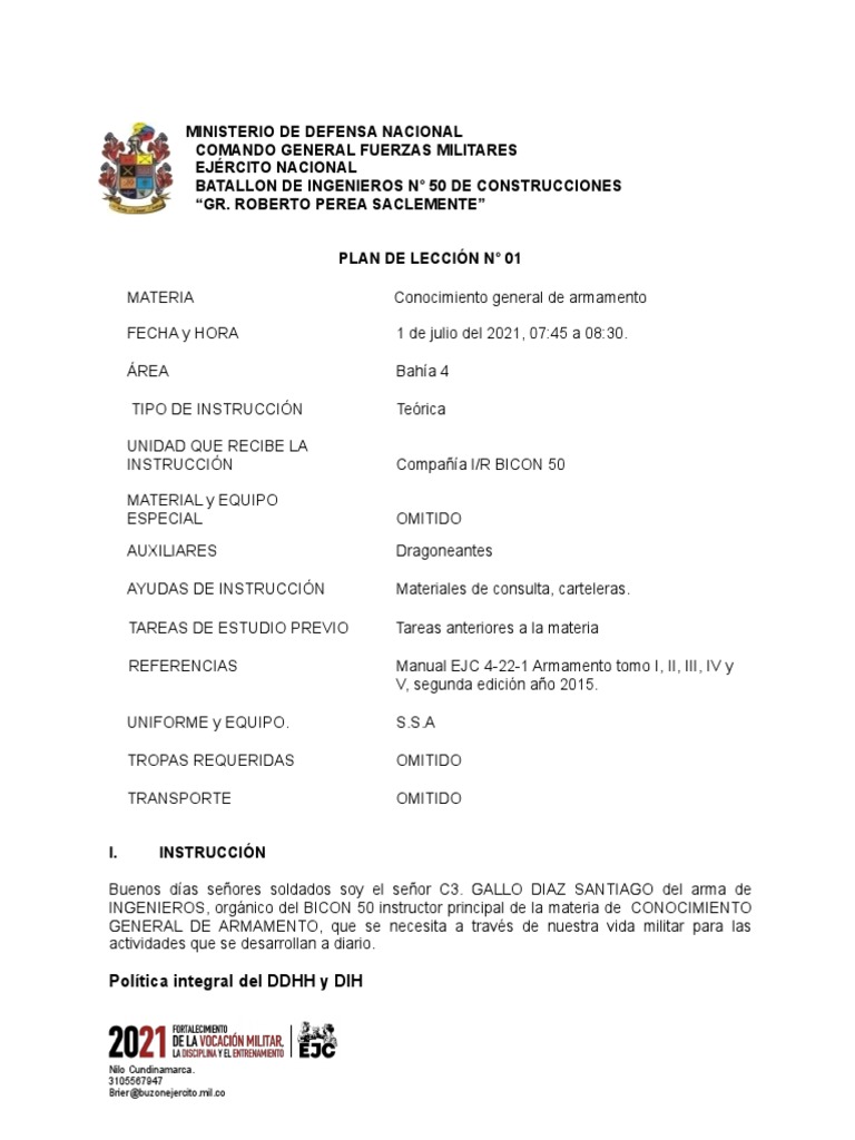 Plan de Leccion 1 Conocimiento General Del Armamento | PDF | Militar | Violencia