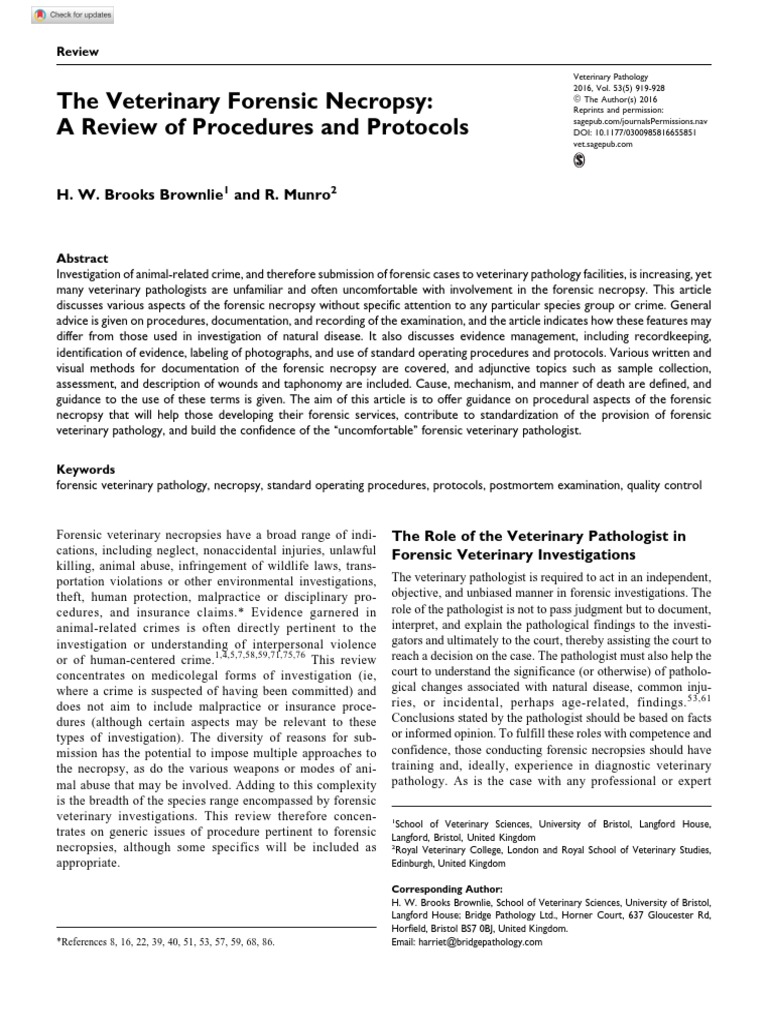 The Veterinary Forensic Necropsy: A Review of Procedures and Protocols ...