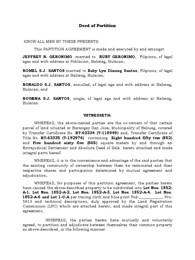 Deed of Partition Santos | PDF | Deed | Natural Resources Law