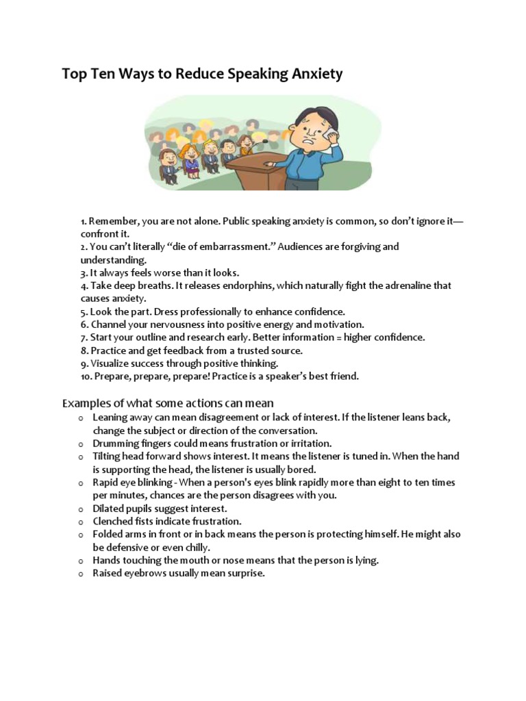 Top Ten Ways To Reduce Speaking Anxiety | PDF