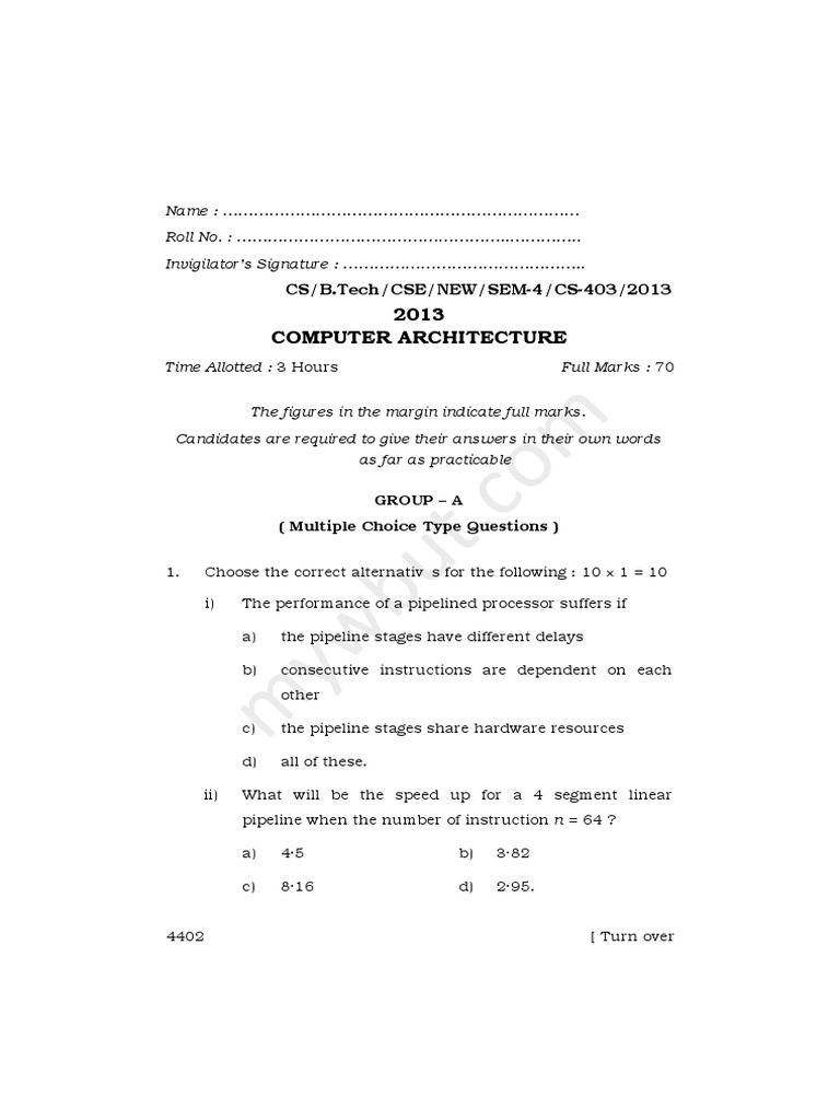 2013 Computer Architecture: CS/B.Tech/CSE/NEW/SEM-4/CS-403/2013 | PDF | Bit | Integrated Circuit