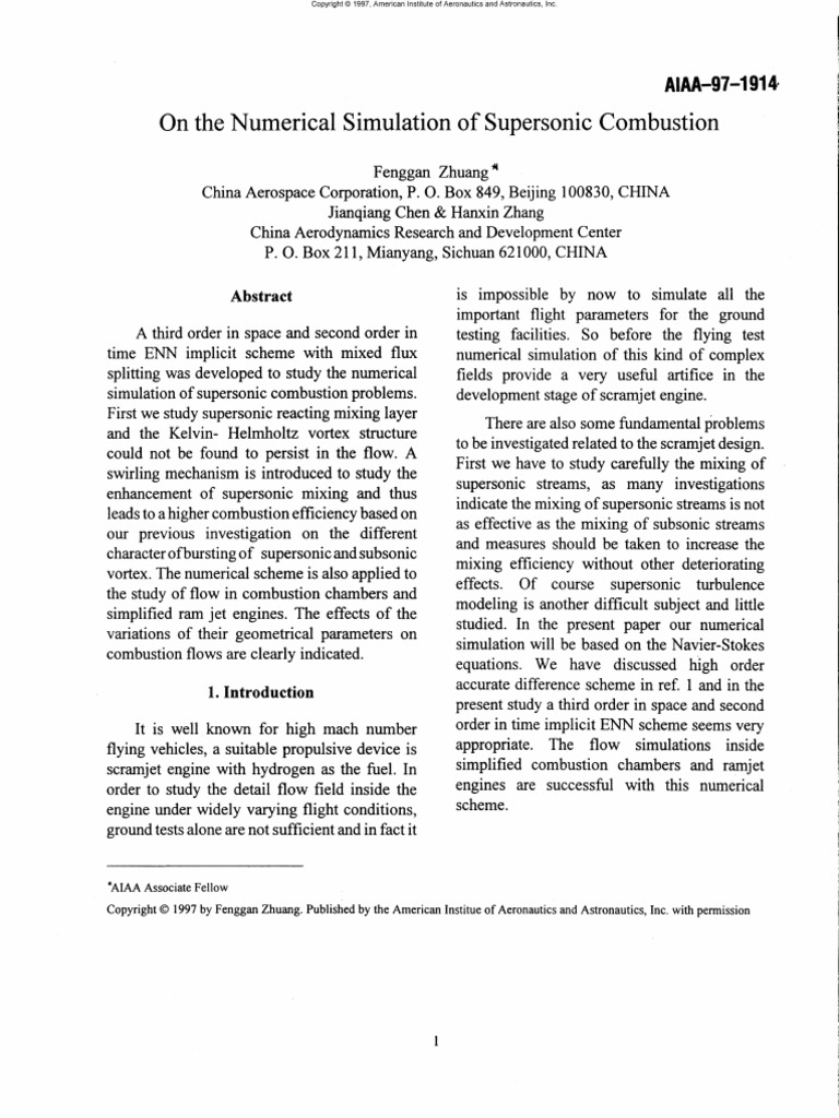 On The Numerical Simulation of Supersonic Combustion: AIAA-97-1914 ...