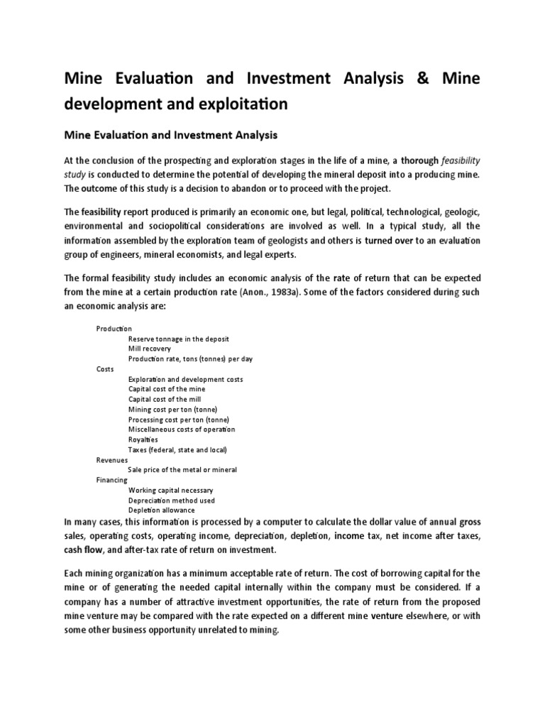 Mine Evaluation and Investment Analysis and Mine Development and ...