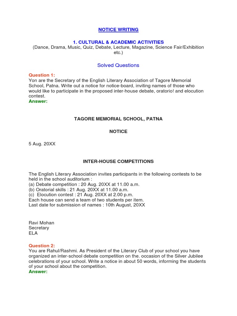 Solved Questions: Notice Writing 1. Cultural & Academic Activities | PDF