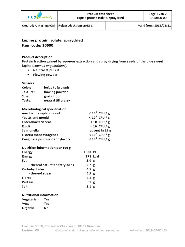 Lupine Protein Isolate Data Sheet | PDF | Packaging And Labeling | Food ...