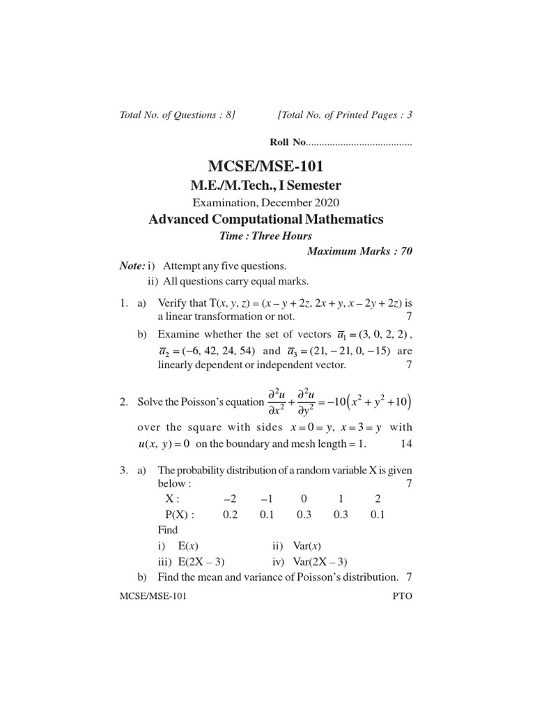 MCSE/MSE-101: M.E./M.Tech., I Semester Advanced Computational ...