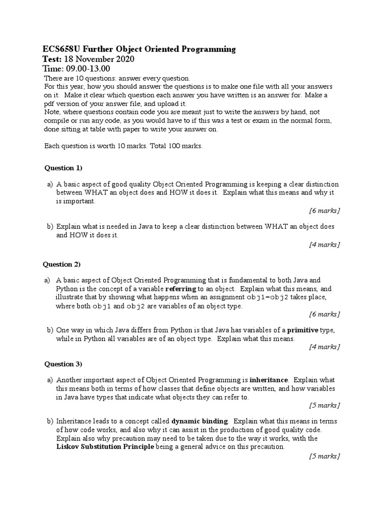 Time: 09.00-13.00: ECS658U Further Object Oriented Programming Test: 18 ...