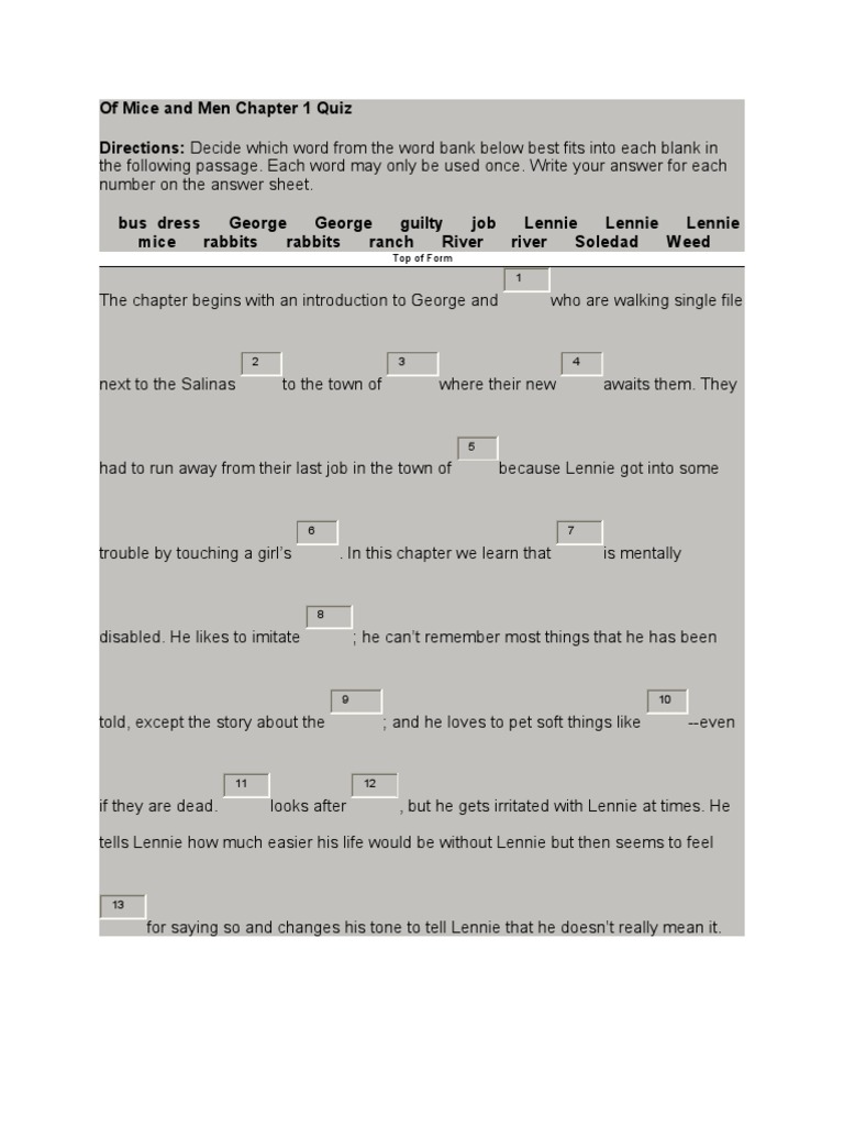 Of Mice and Men Chapter 1 Quiz | PDF