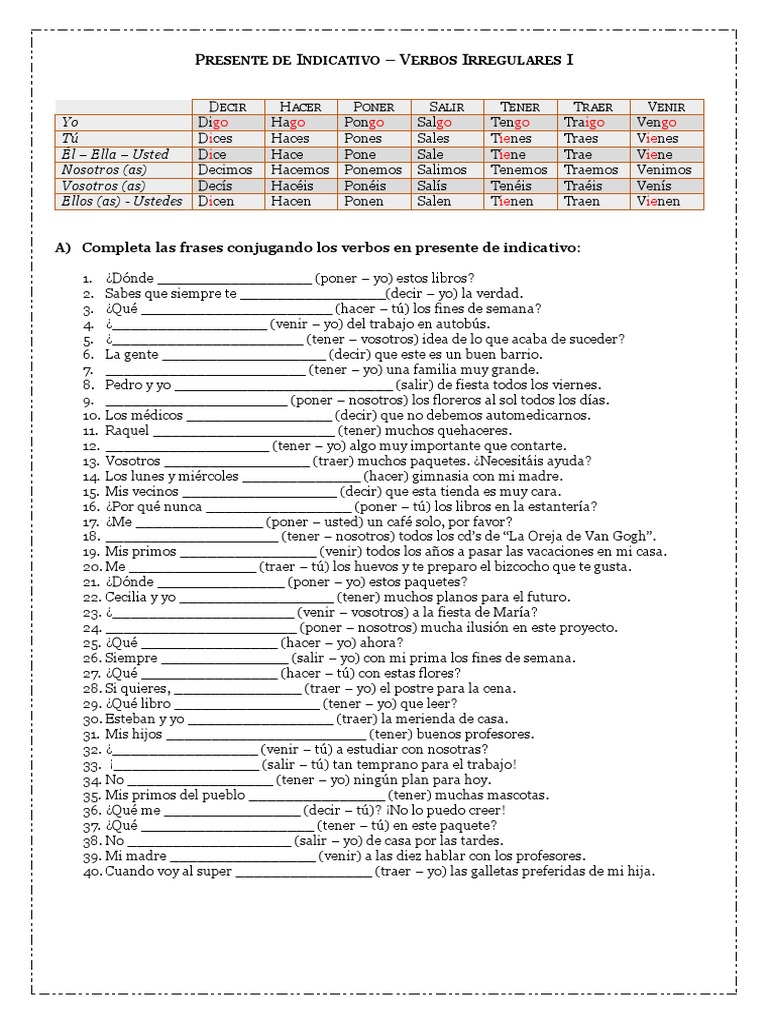 Ejercicios - Verbos Irregulares en Presente de Indicativo | PDF