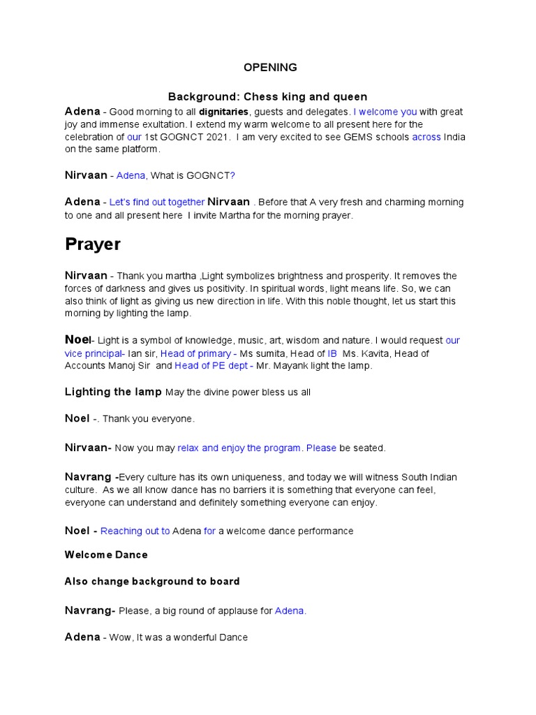 Chess Grand Opening Script GEMS KOCHI | PDF | Chess | Games & Activities