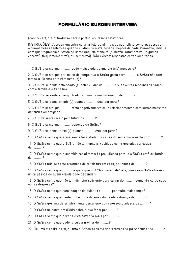 Formulário Burden Interview | PDF