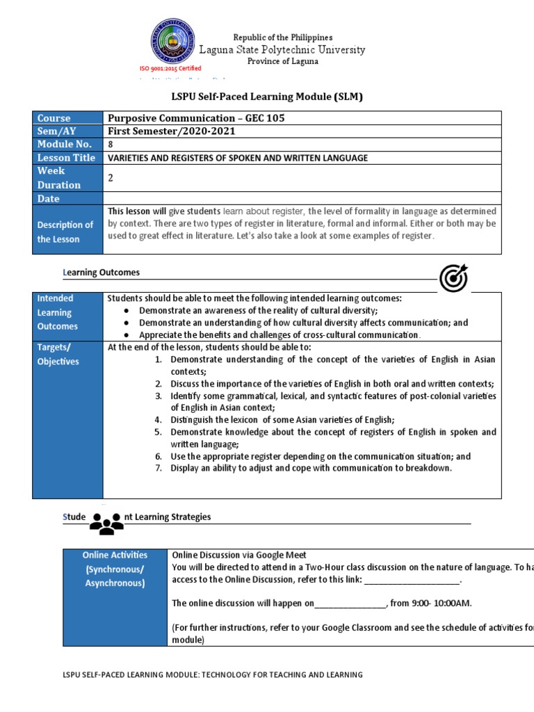 LSPU Self-Paced Learning Module (SLM) Purposive Communication - GEC 105 First Semester/2020-2021 ...