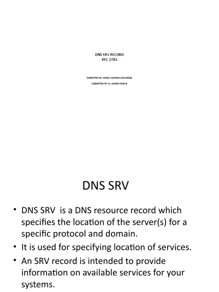Dns SRV Record RFC 2782: Submitted By: Akshay Kuchhal (Ue133010 ...
