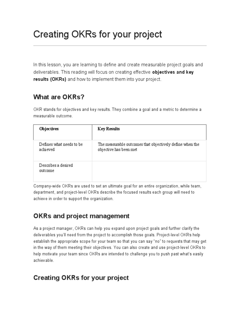 Creating OKRs For Your Project | PDF | Goal | Project Management