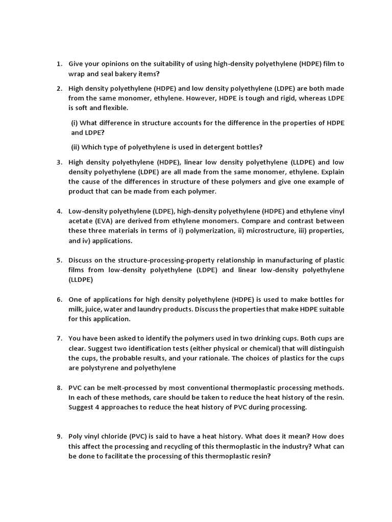 Question Regarding Types of Plastics | PDF | Polyethylene | Thermoplastic