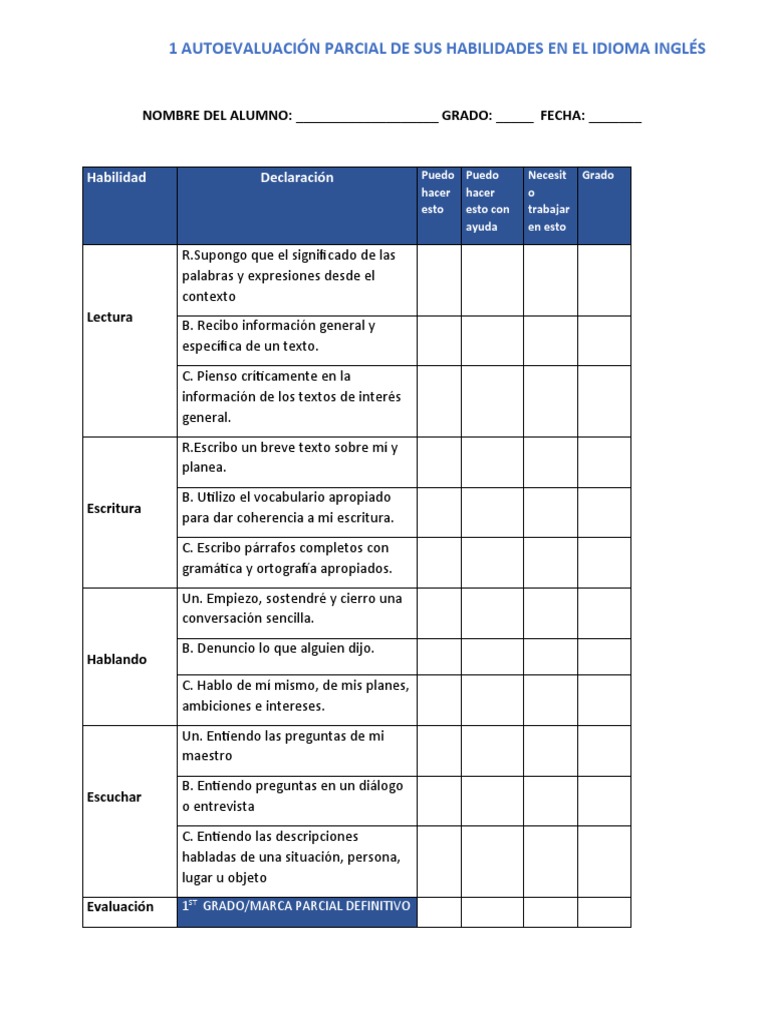 1 Autoevaluación Parcial de Sus Habilidades en El Idioma Inglés | PDF