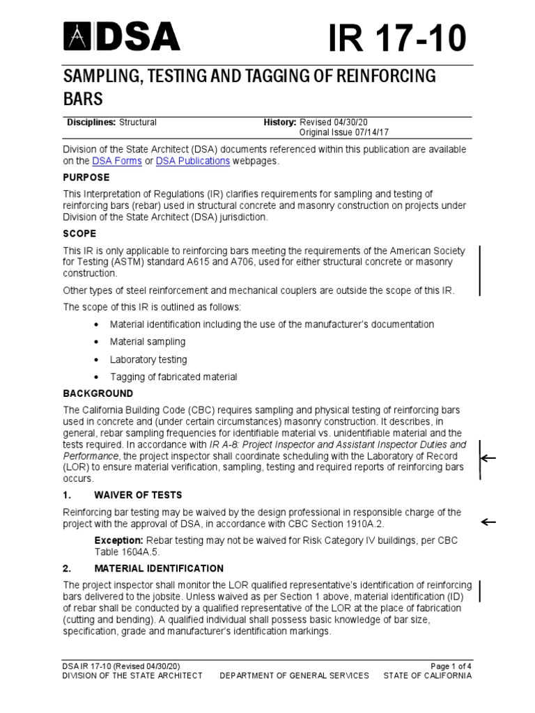 Sampling, Testing and Tagging of Reinforcing Bars: DSA Forms DSA ...