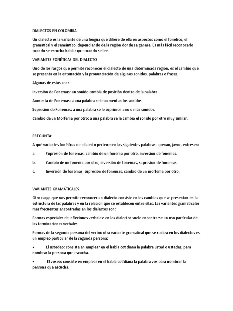 Dialectos Colombianos: Fonética y Gramática | PDF | Fonema | Palabra