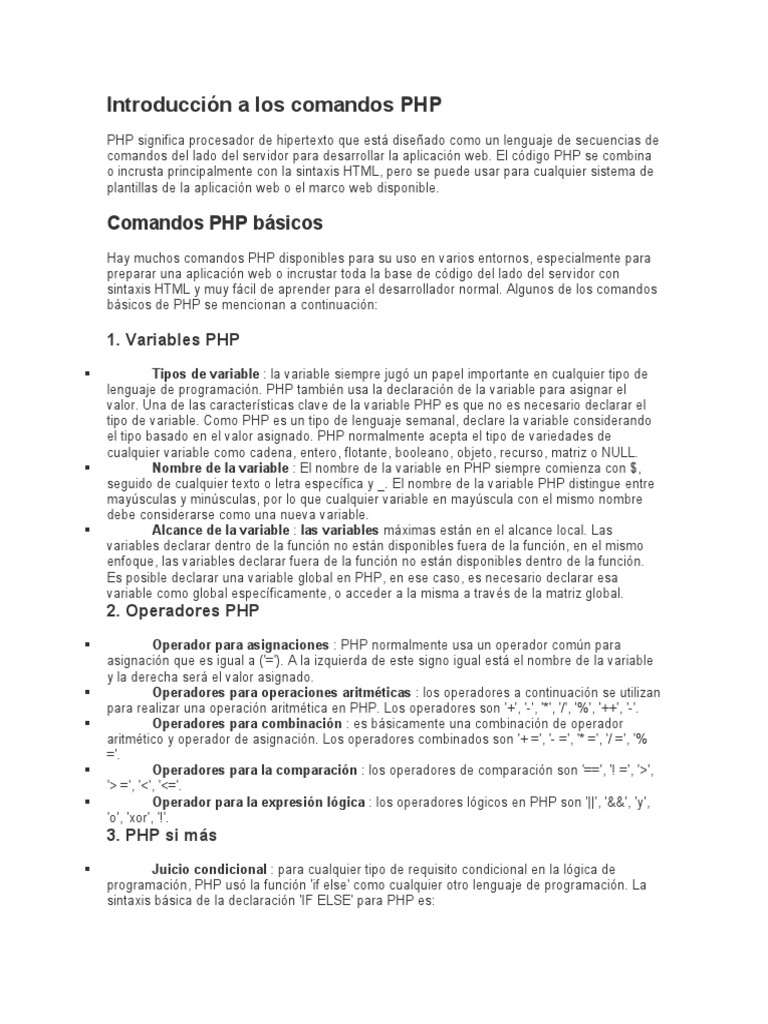 Introducción A Los Comandos PHP | PDF | Php | Lenguaje de programación Introducción A Los Comandos PHP | PDF | Php | Lenguaje de programación