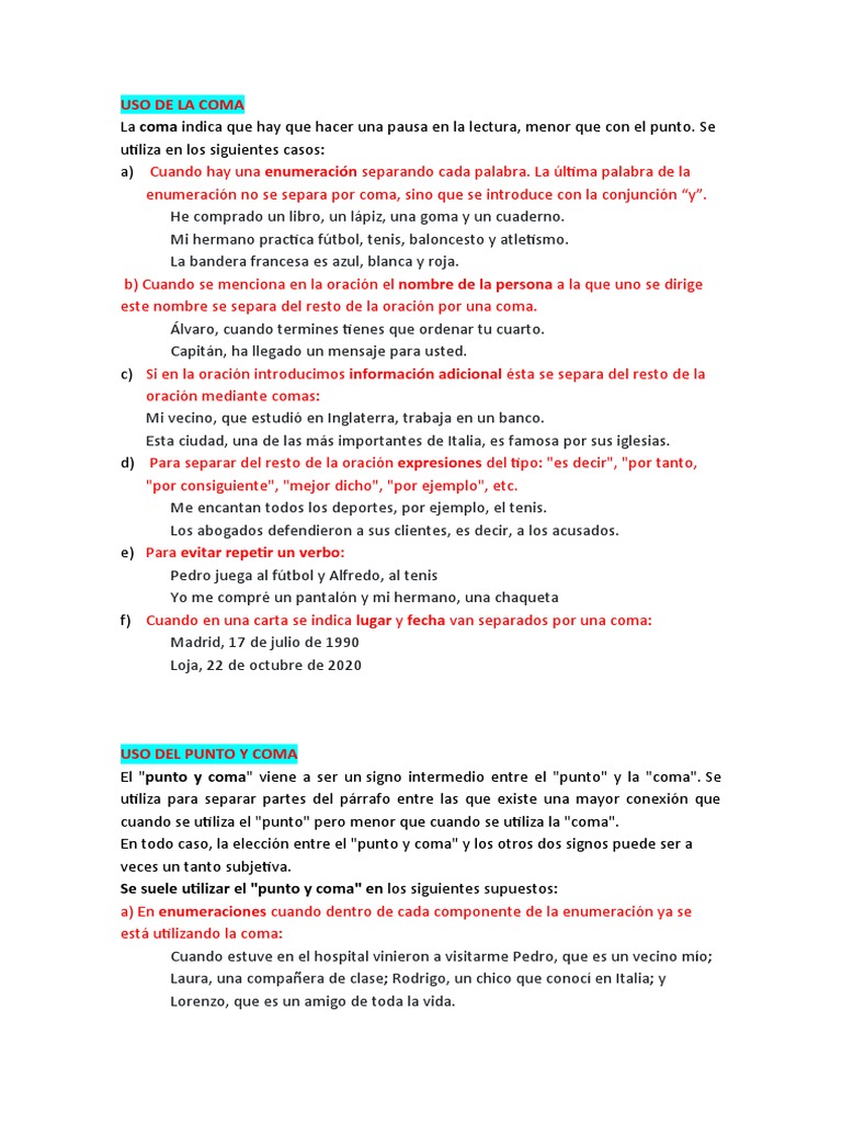 Uso de La Coma, Punto y Coma, Oración y Párrafo | PDF | Coma | Asunto ...
