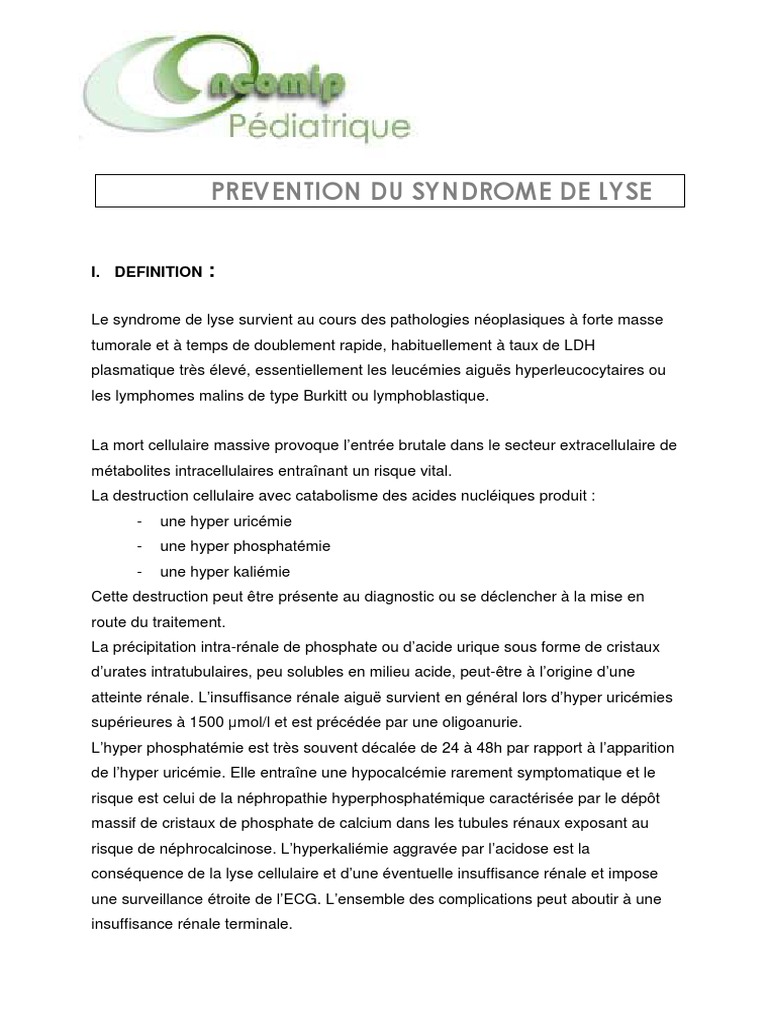 Prevention Du Syndrome de Lyse | PDF | Néphrologie | Rein