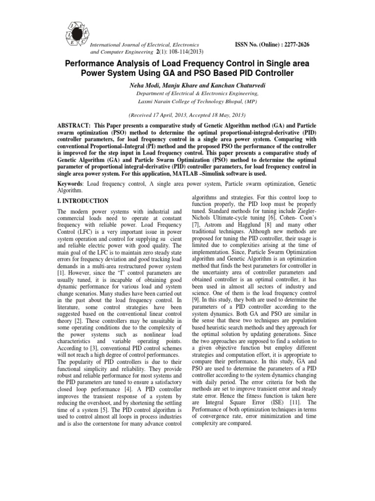 Performance Analysis of Load Frequency Control in Single Area Power System Using GA and PSO ...