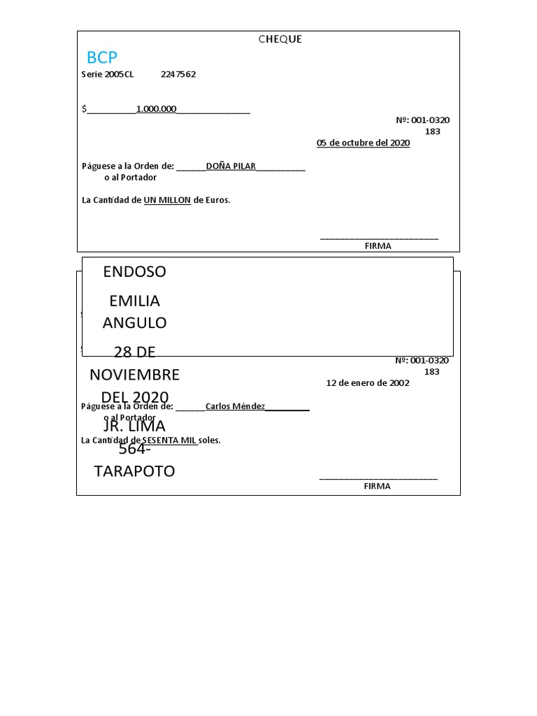 Ejemplos de Cheque | PDF | Pagaré | Cheque