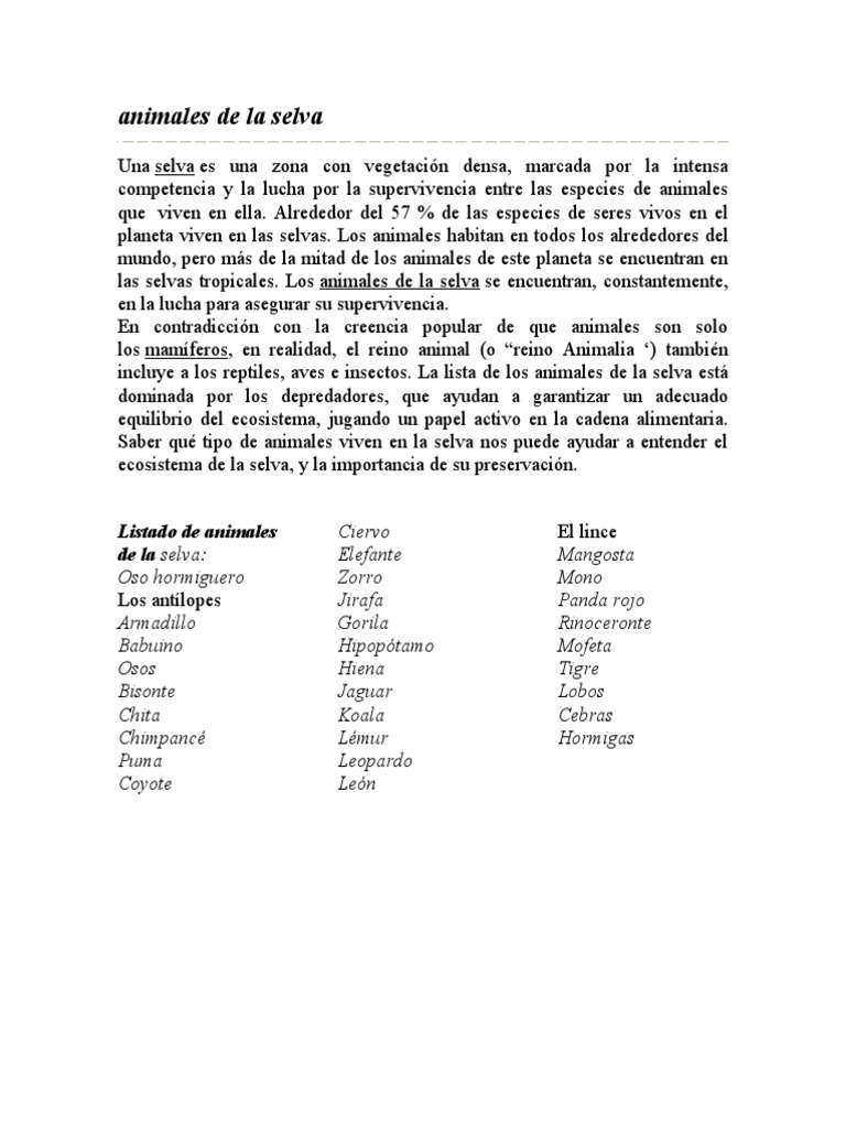 Animales de La Selva | PDF
