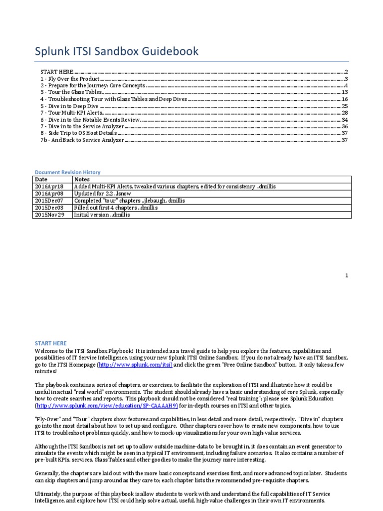 Splunk ITSI Sandbox Guidebook: Document Revision History | PDF ...