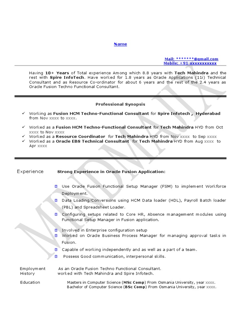 Oracle Fusion Hcm Sample Resume 2 Pdf Oracle Corporation Information Technology Management