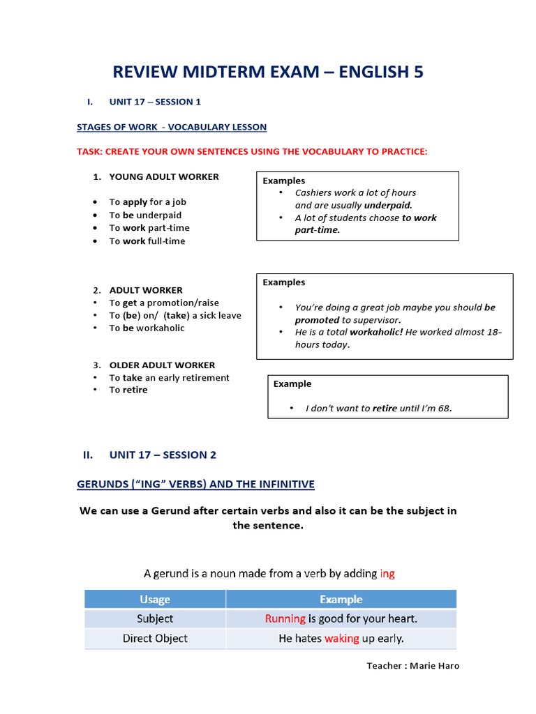 REVIEW MIDTERM EXAM - English 5 | PDF | Verb | Sentence (Linguistics)