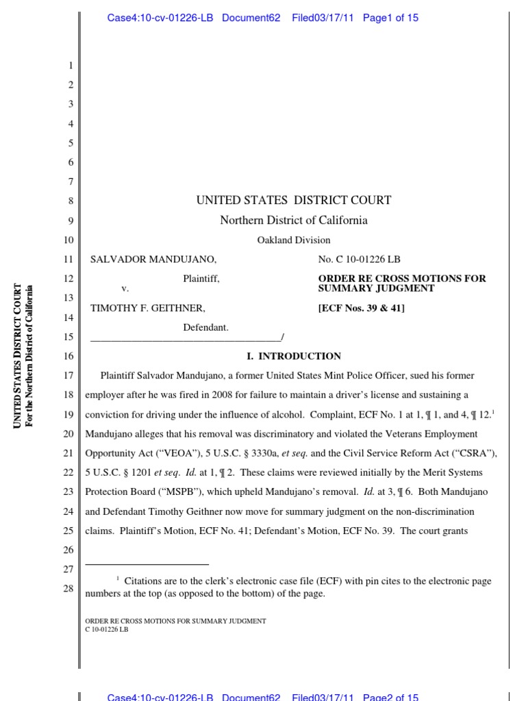 Mandujano v. Geithner MSPB MSJ | PDF | Summary Judgment | Standard Of ...