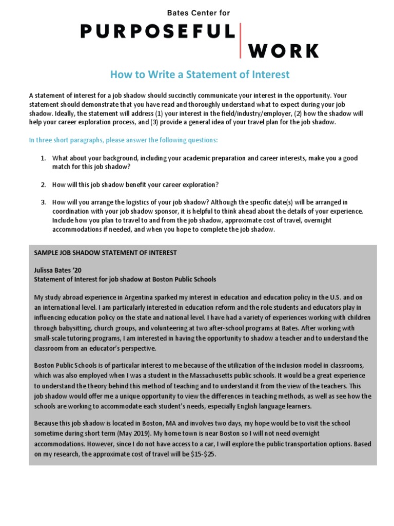 Job Shadow Statement of Interest Example 2018 19 | PDF | Education ...