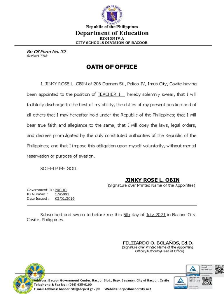 Oath of Office for Teacher in Philippines | PDF