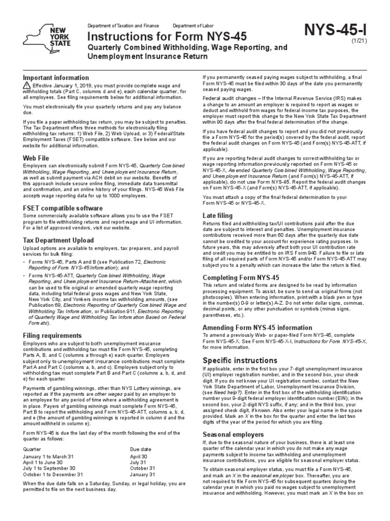 NYS-45 Filing Instructions Guide | PDF | Withholding Tax | Payroll Tax