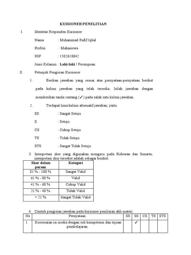 KUISIONER PENELITIAN - Muhammad Rafif Iqbal - 1502618042 | PDF