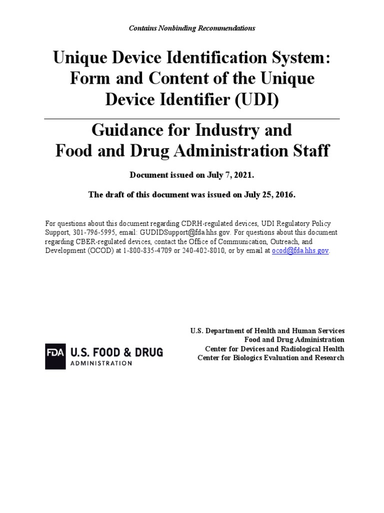 Fda Udi Unique Device Identifier Guidance | PDF | Barcode | Food And ...