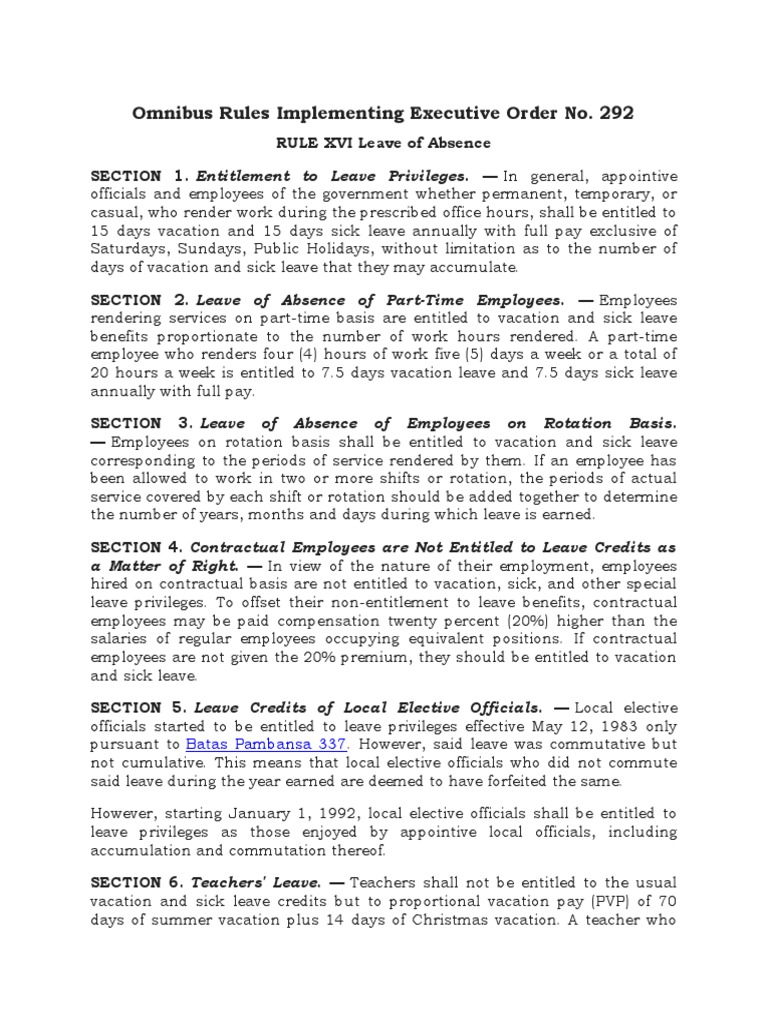 Omnibus Rules Implementing Executive Order No. 292 | PDF | Sick Leave ...