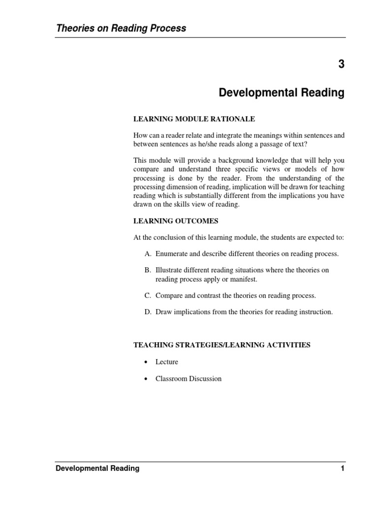 MODULE 3. Developmental Reading Topic 3. Theories On Reading Process ...