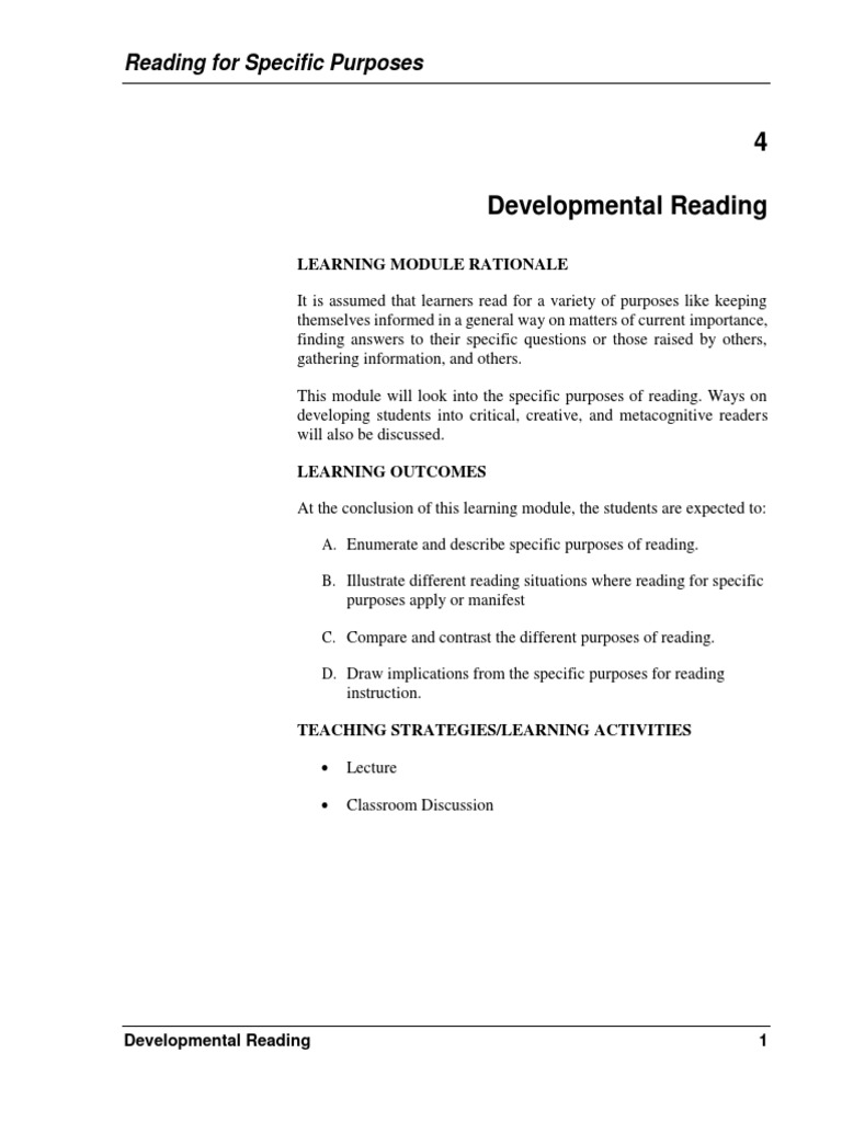 MODULE 4. Developmental Reading Topic 4. Reading For Specific Purpose ...