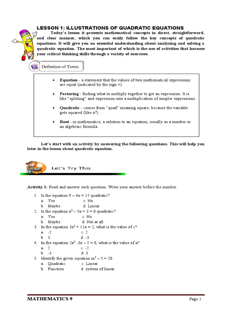 An Introduction to Quadratic Equations: Identifying Standard Form ...