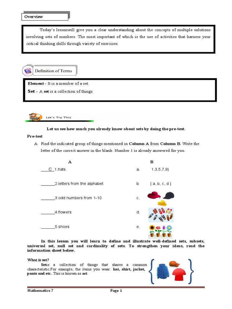 Mathematics 7-Quarter 1 - Week 1 - Edited | PDF | Set (Mathematics ...